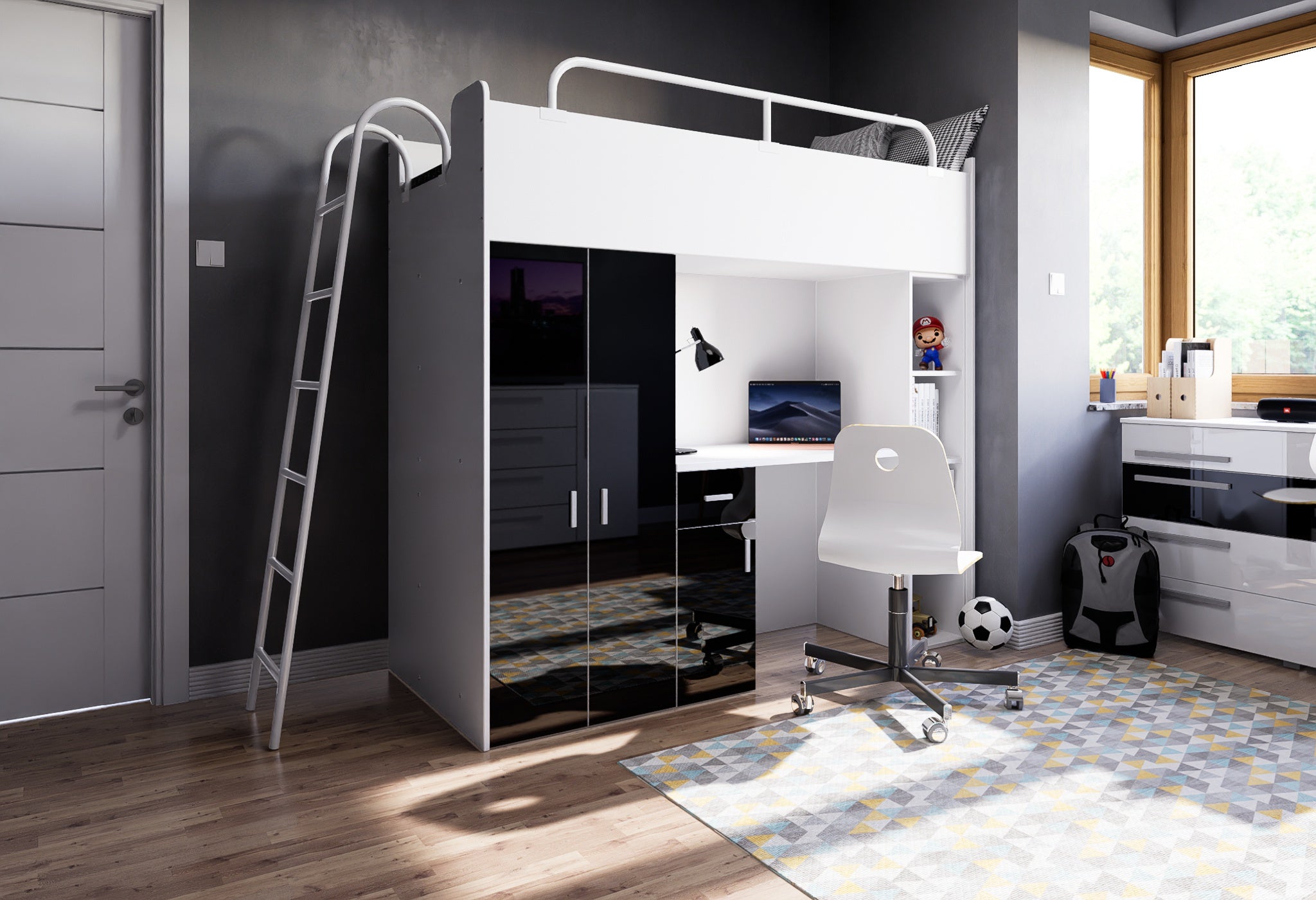 Jessie 4 LADDERWAY HIGH SLEEPER > BED WITH LADDER ; 3 COLOURS GLOSS ...